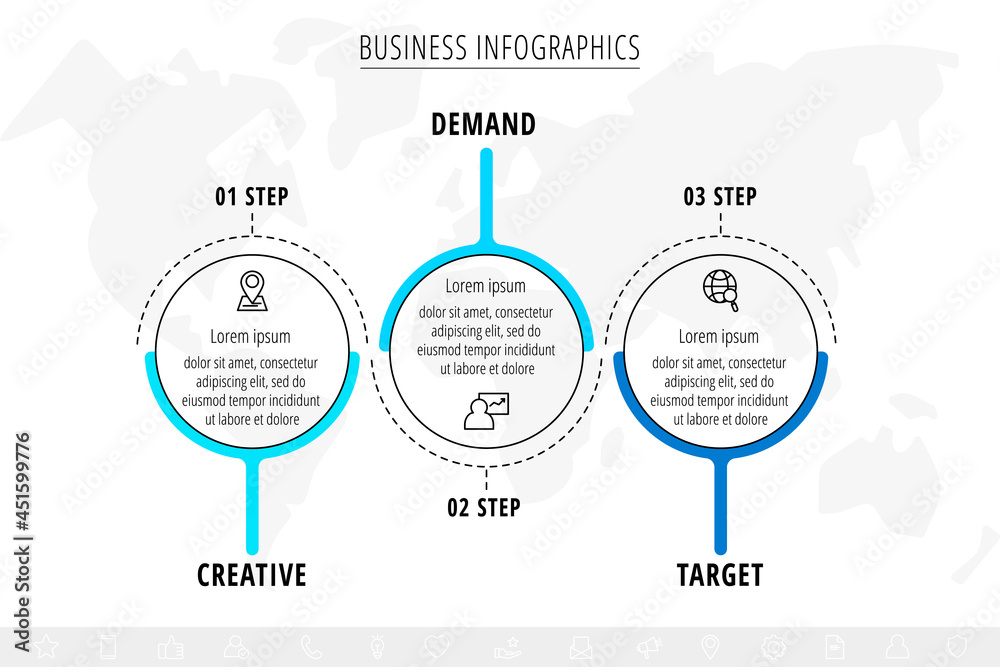 Line vector minimal infographic with three circles. Modern timeline ...