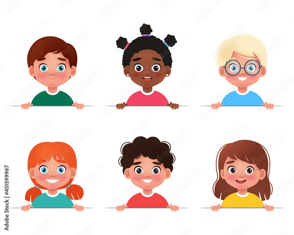 Cartoon collection of little boys and girls portraits, different human ...