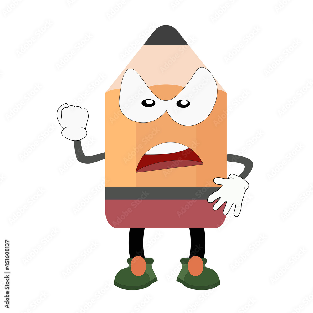 Angry pencil. Formidable pencil shows a fist. Cheerful smiling pencil ...