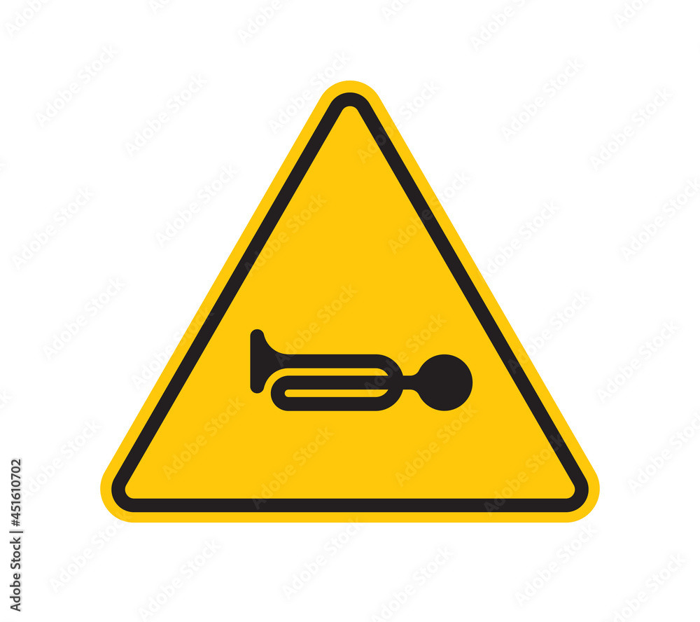 Vector yellow triangle sign - black silhouette horn. Isolated on white ...