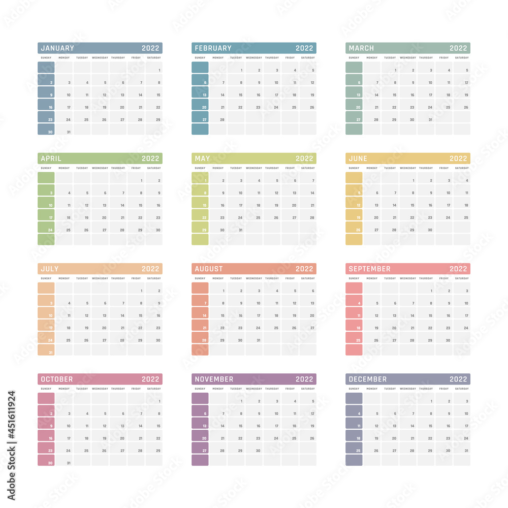 2022 year calendar, calendar design for 2022 starts sunday Stock Vector ...