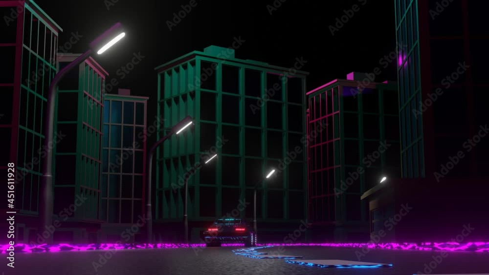 car with neon lights driving through the night city. looped animation ...