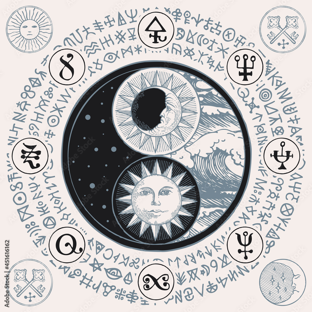 Vector yin yang symbol with sun, moon, stars, sea waves and magic signs ...