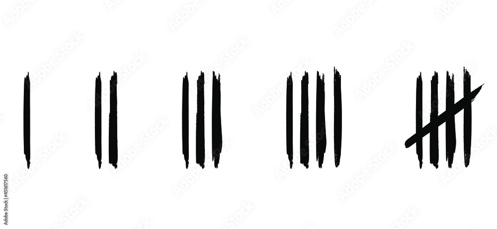 Five black tally counting marks. Cartoon brush stroke lijn pattern ...