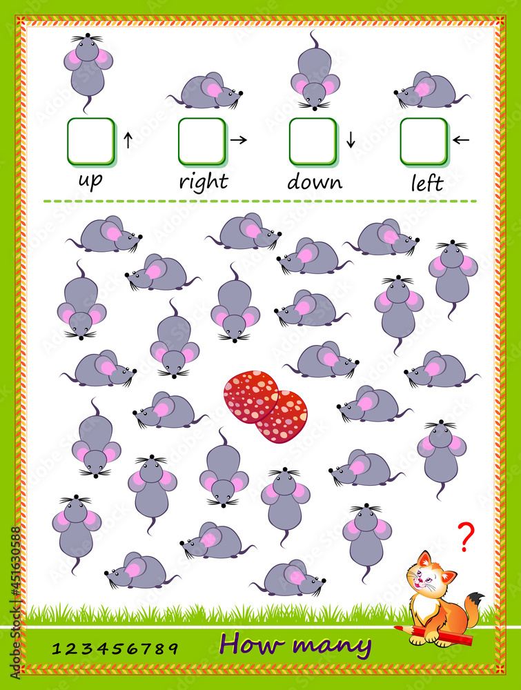 Mathematical education for children. Count quantity of mice moving in ...