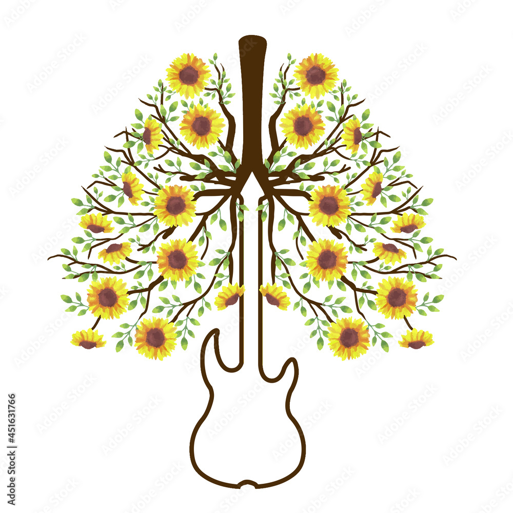 Guitar with yellow sunflower forming healthy lungs and bronchial tree ...