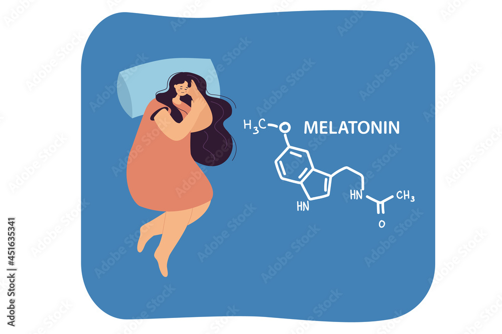 Vecteur Stock Cartoon sleeping woman and melatonin structure drawn nearby. Flat vector ...