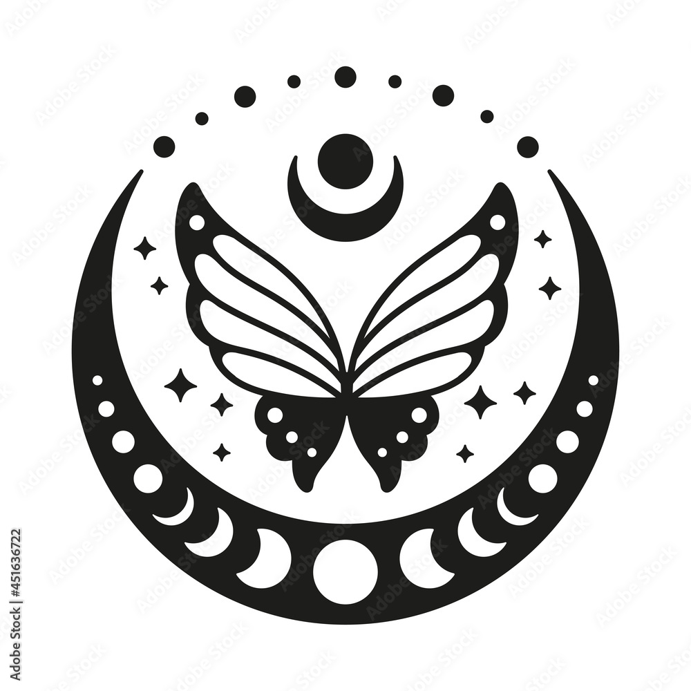 Night butterfly with moon. Moon phases. Mystical lunar illustration ...