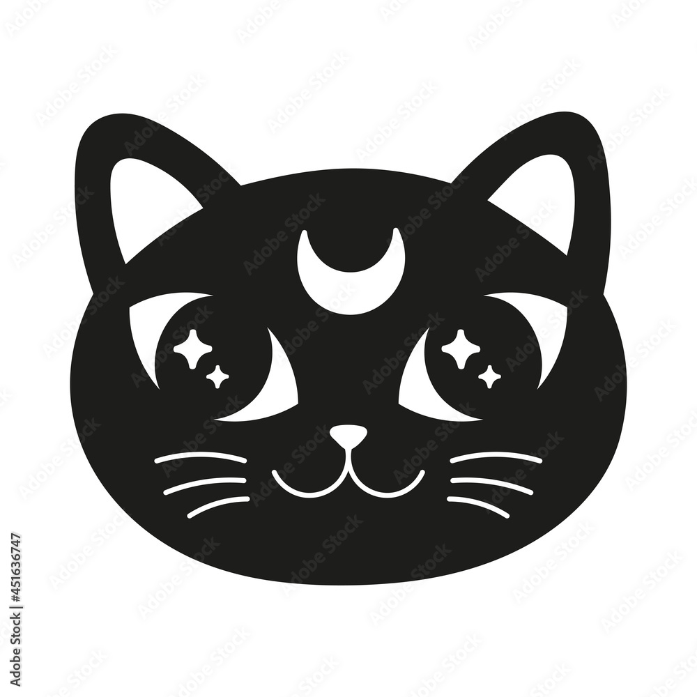 Cute cat face with moon sign. Kitty head silhouette. Vector black and ...