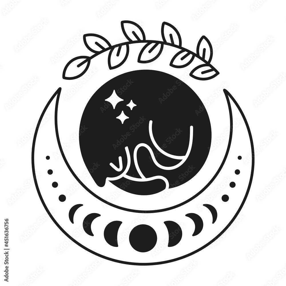 Cute cat and moon. Moon phases. Magical lunar symbol. Isolated vector ...