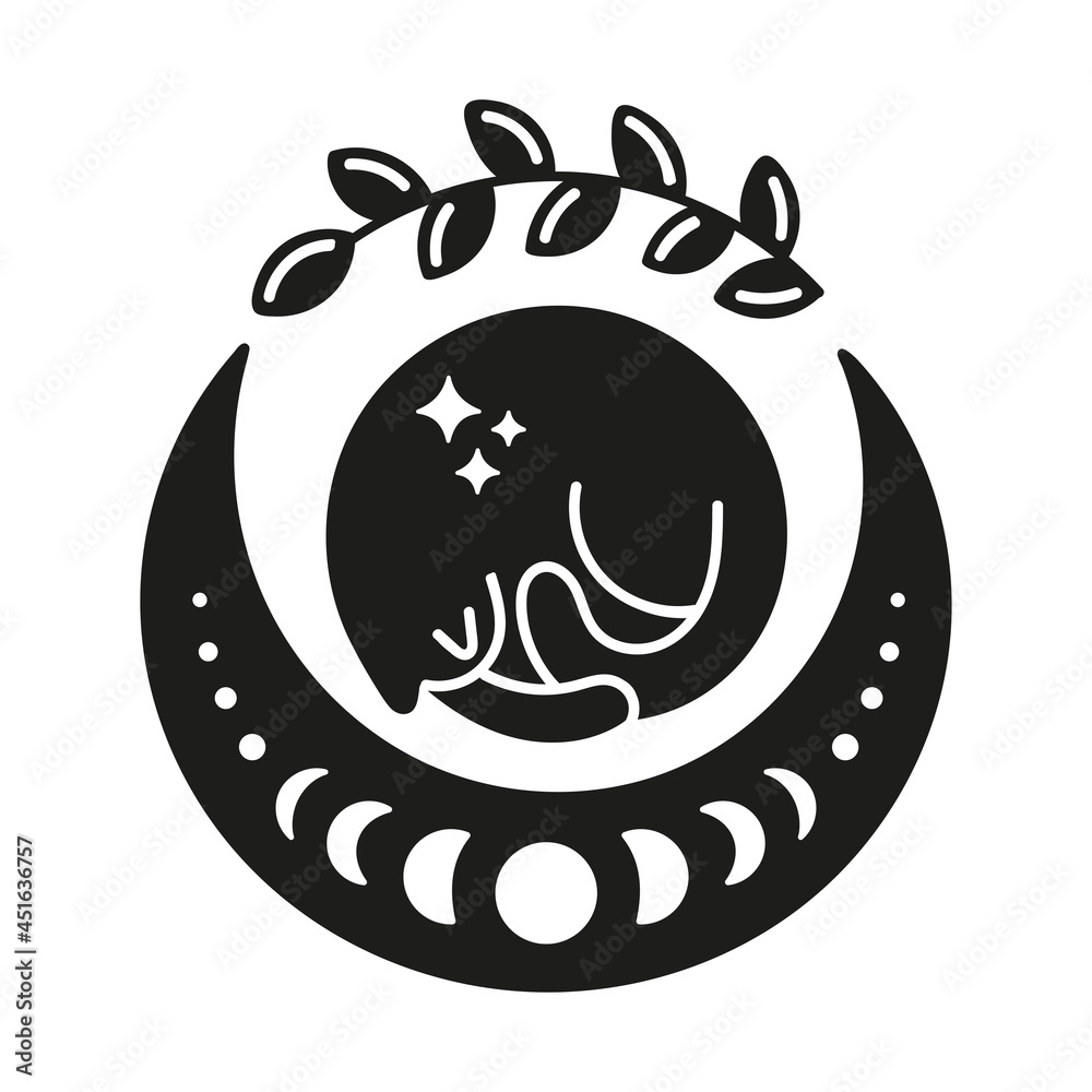 Cute cat and moon. Moon phases. Magical lunar symbol. Isolated vector ...