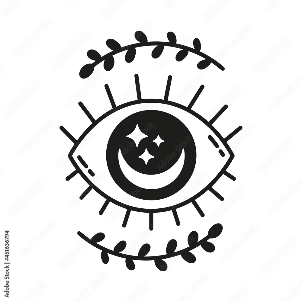 Eye with moon inside. Floral elements. Mystical witchy illustration. T ...