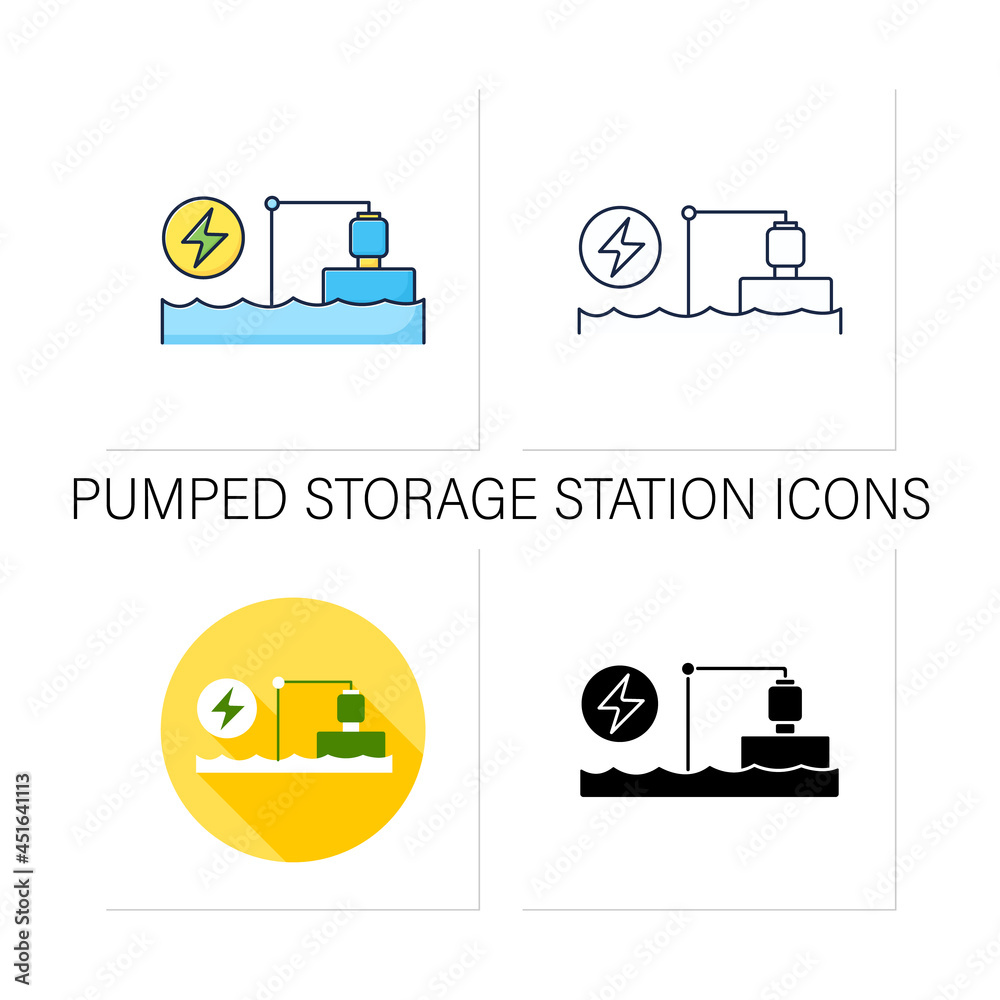 Pumped storage station icons set. Hydroelectric energy storage.Water ...