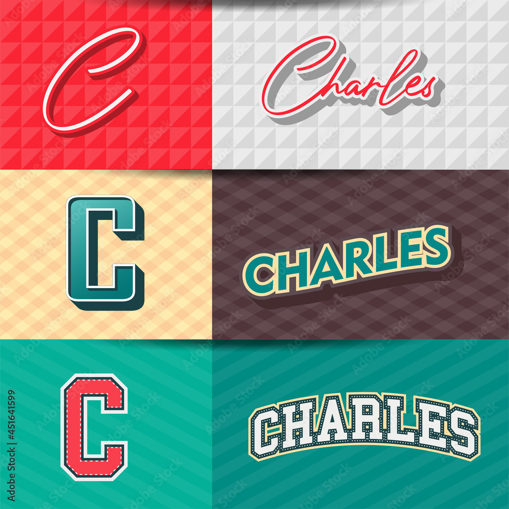 ,Male name,CHARLES in various Retro graphic design elements, set of ...