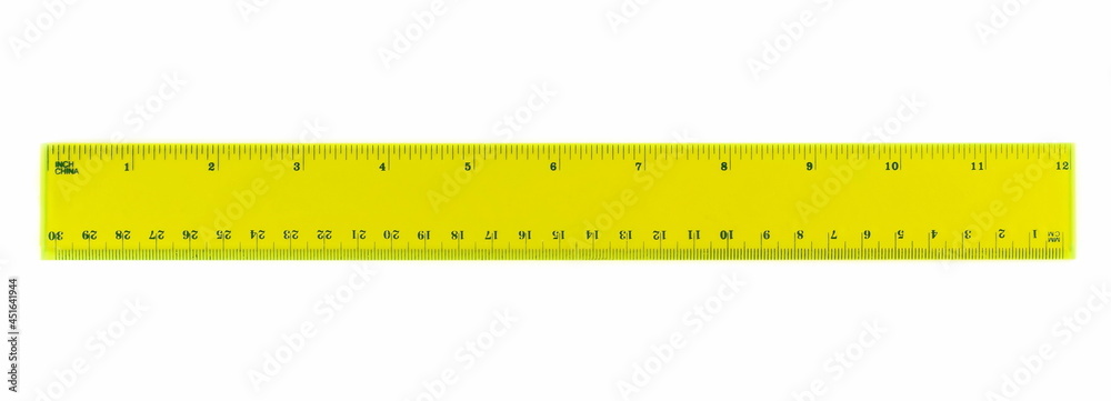 Yellow ruler plastic transparent isolated on white background, with ...