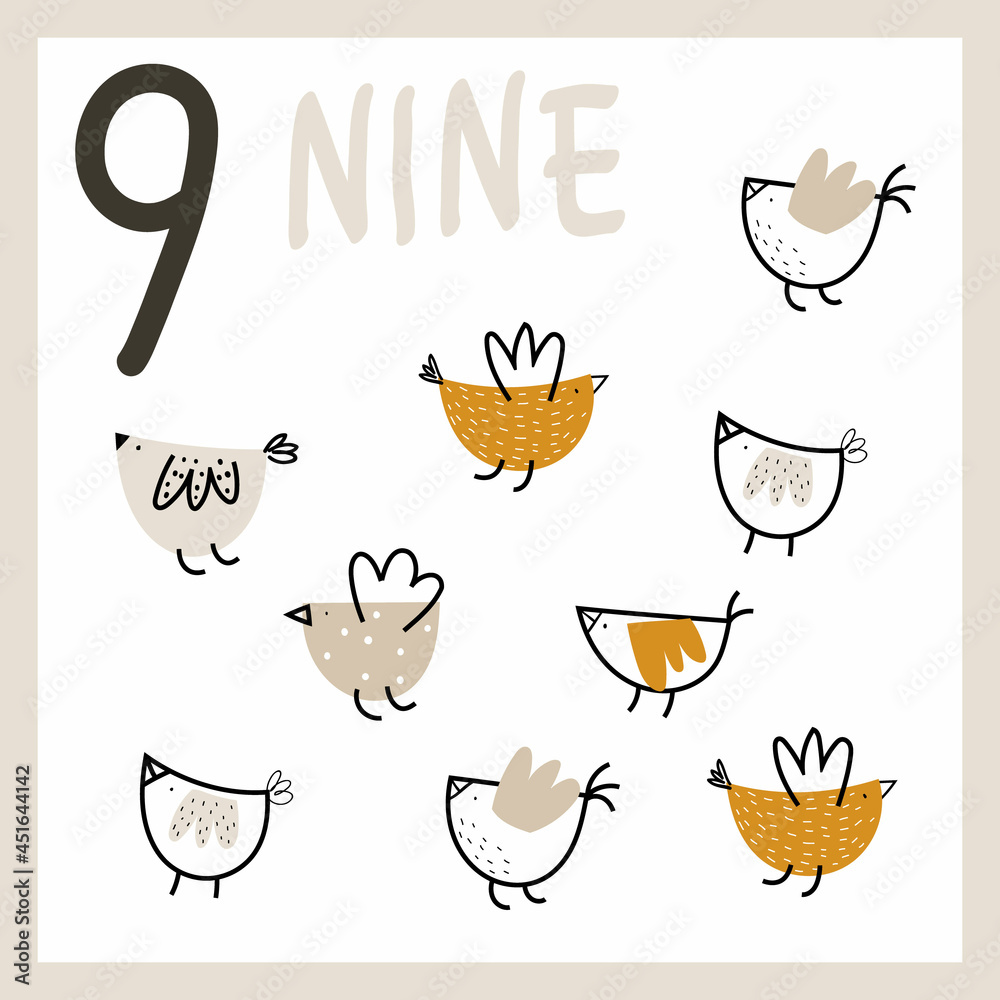 Number nine. 9. Cute hand drawn birds. Vector card for kids with ...
