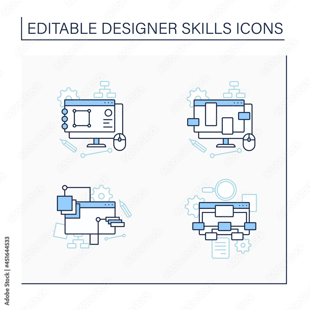 Designer skills line icons set. Generate ideas.UX design, information ... Designer skills line icons set. Generate ideas.UX design, information ...