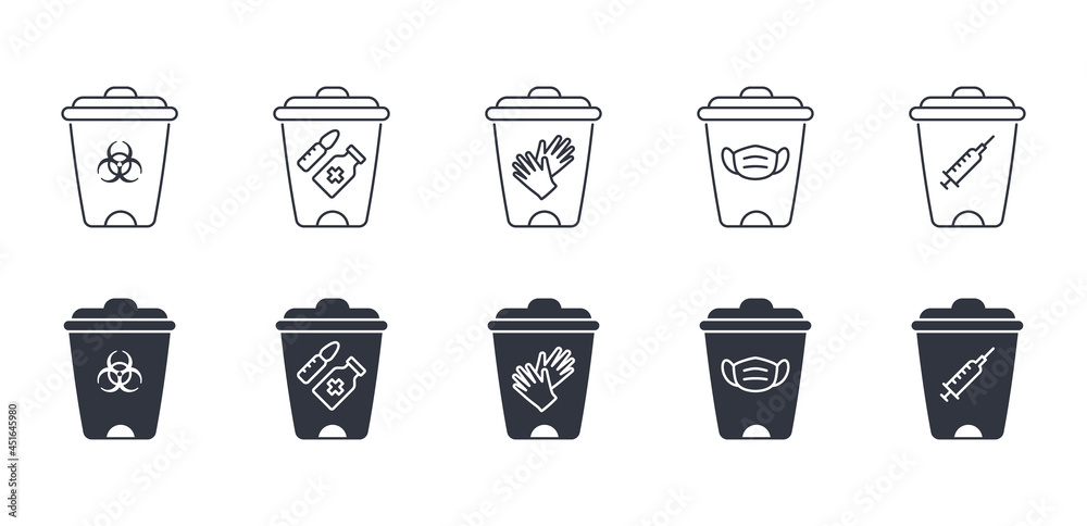 Vector medical waste icons. Editable stroke. Containers with a ...