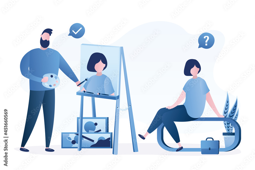 Male artist paints portrait of woman. Female model poses for craftsman ...