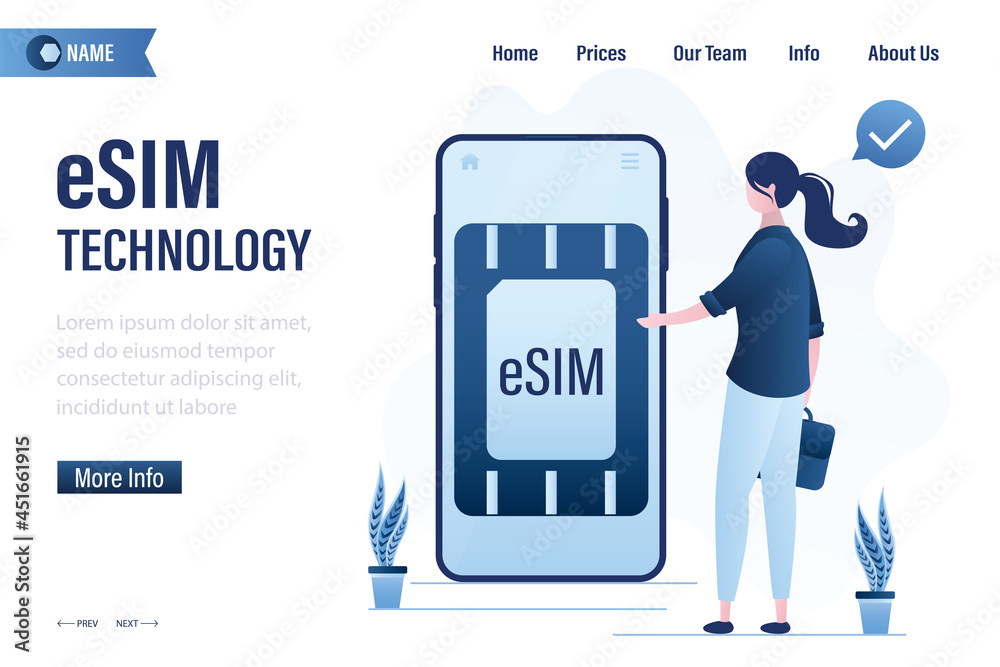 ESIM, landing page template. Woman user activate eSIM on mobile phone ...