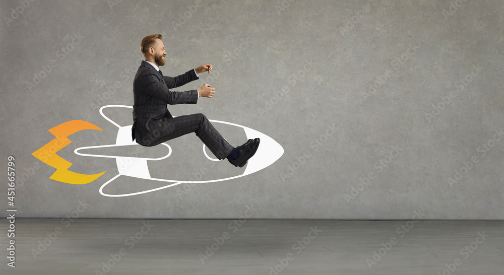 Side profile view happy smiling laughing man flying in air riding ...