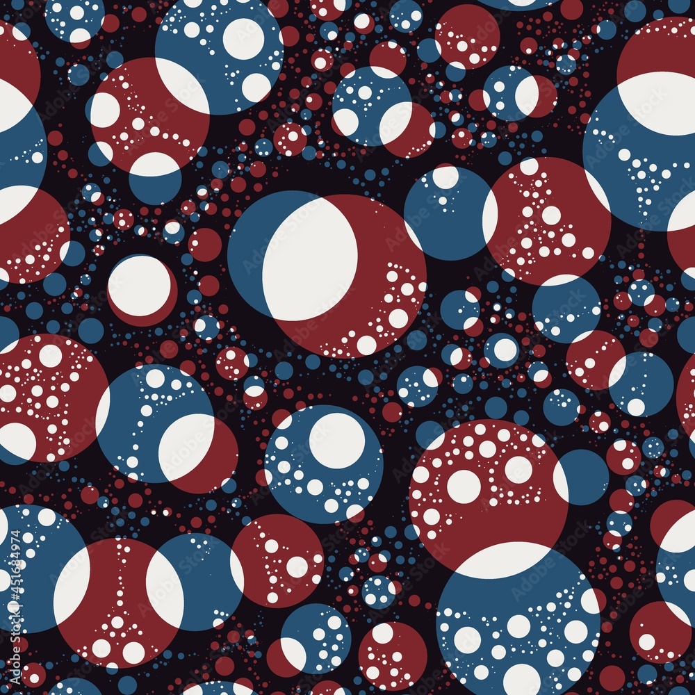 Seamless red and blue overlay circles and shapes pattern for surface ...