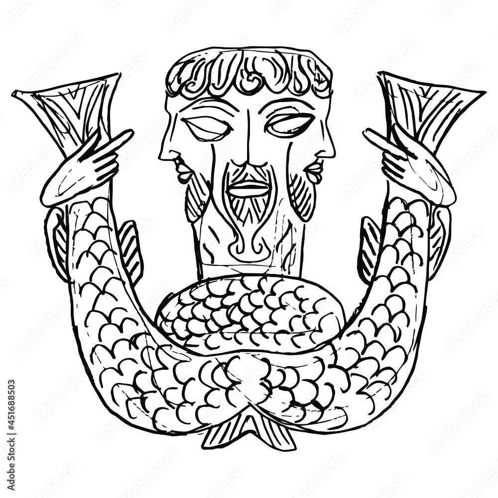 Medieval merman. Celtic mythology. Fantastic bearded man with two ...