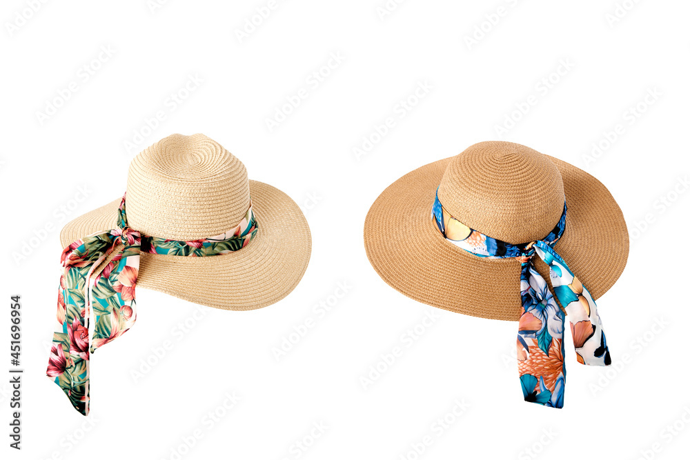 Chapéu de palha feminino com lenço colorido isolado vixto de costas ...