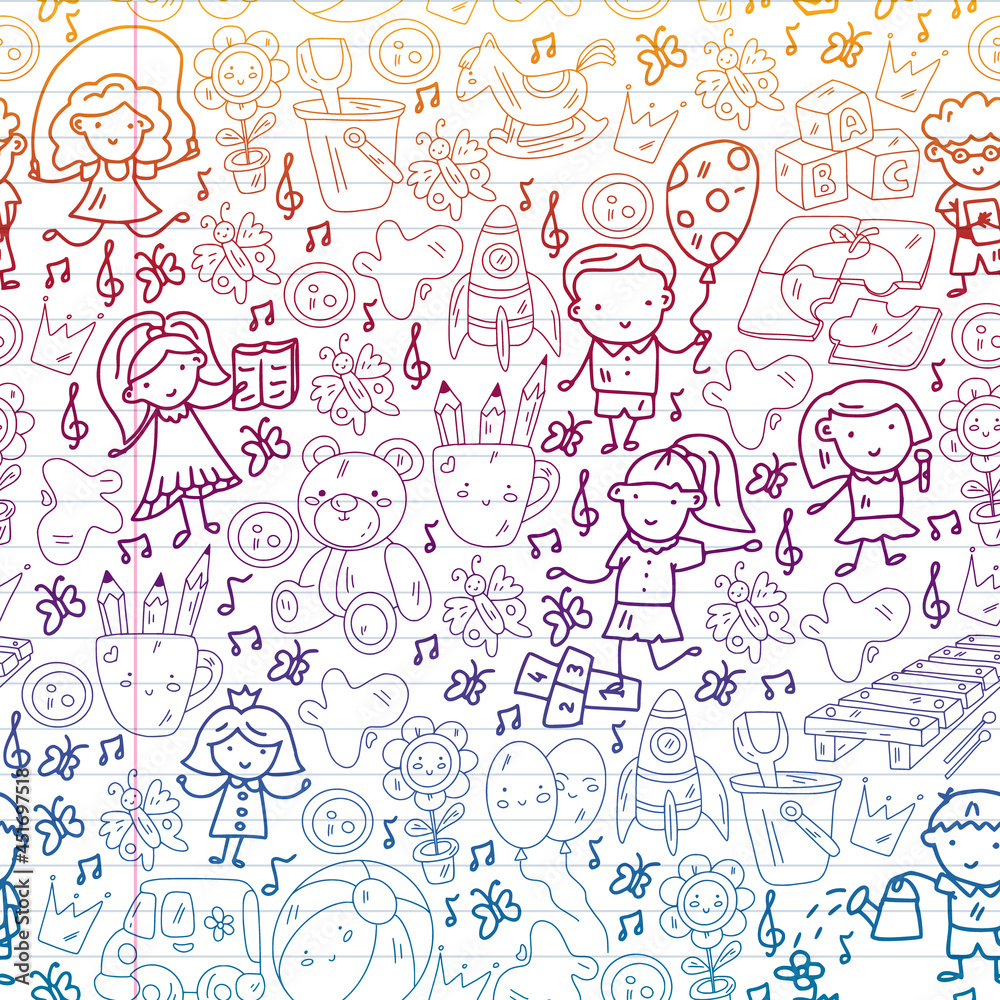 Vector pattern. Kindergarten and toys. Little children game. Kids ...