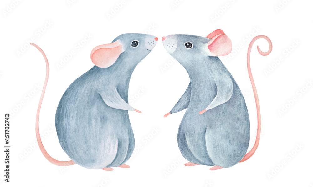 Two little grey mice standing facing each other. Cute family in love ...
