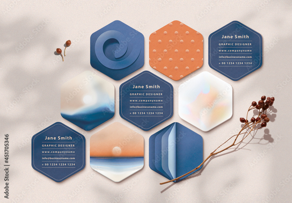 Editable Hexagonal Card Layout with Sunset Illustrations Stock Template ...