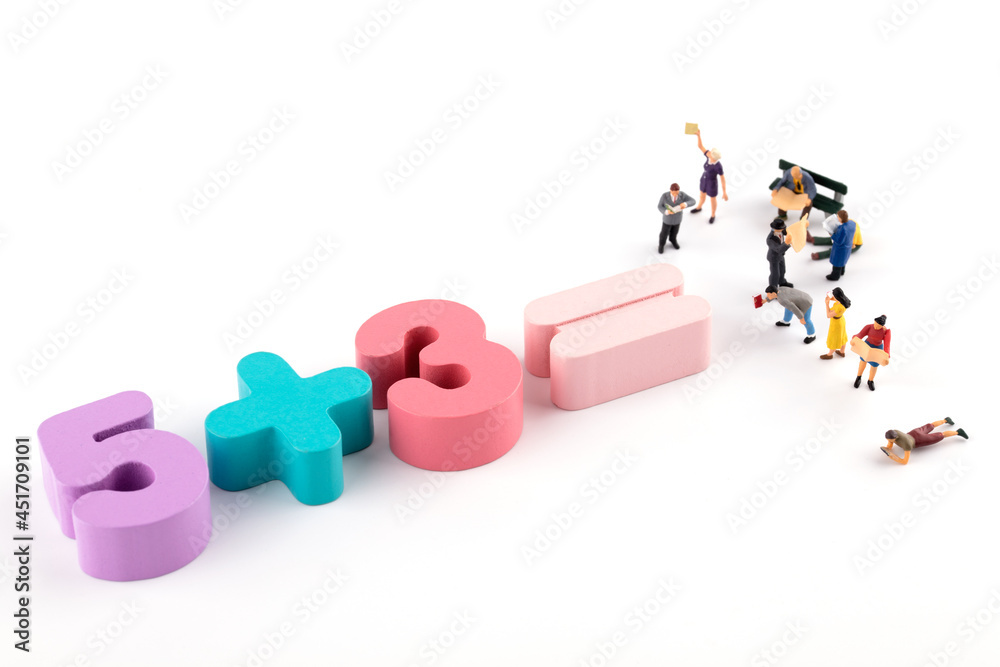 5 plus 3 equals the question mark made up of dolls Stock-Foto | Adobe Stock