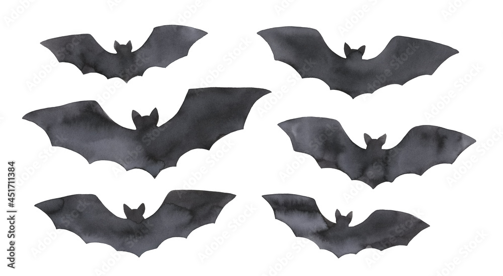 Water color illustration collection of black flying bats silhouette ...