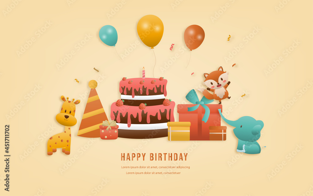 Birthday greeting card Cute jungle animal on train sky background ...
