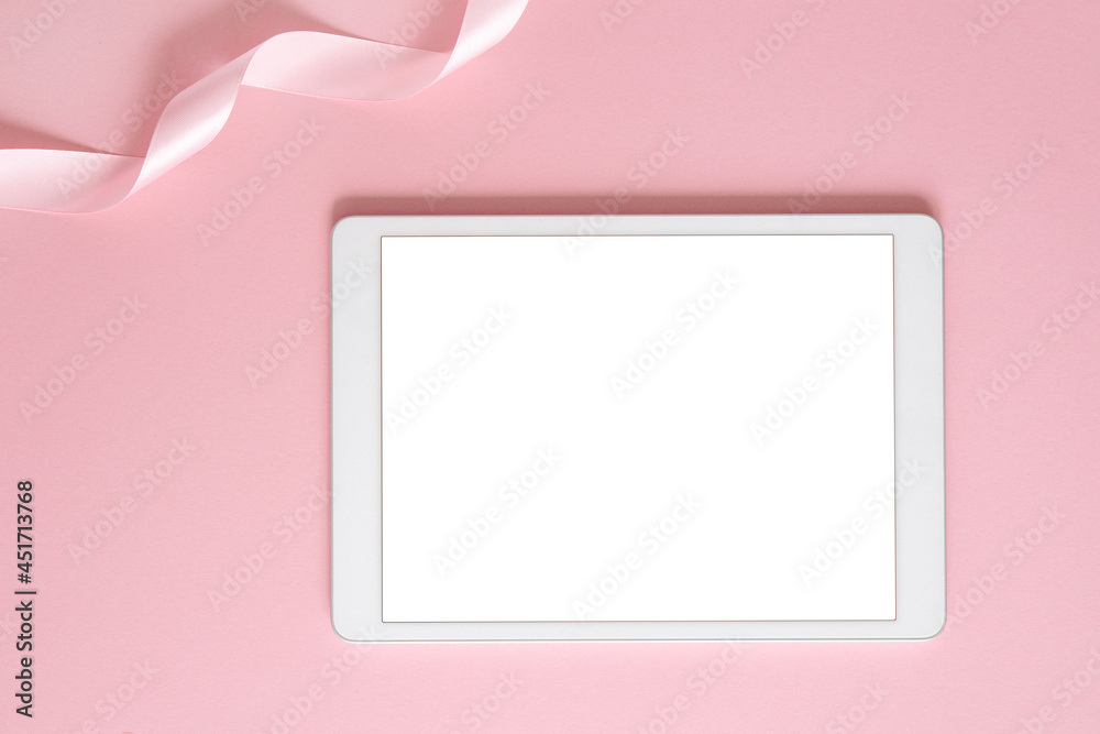 iPad pro tablet with white screen on pink color background . Flatlay ...
