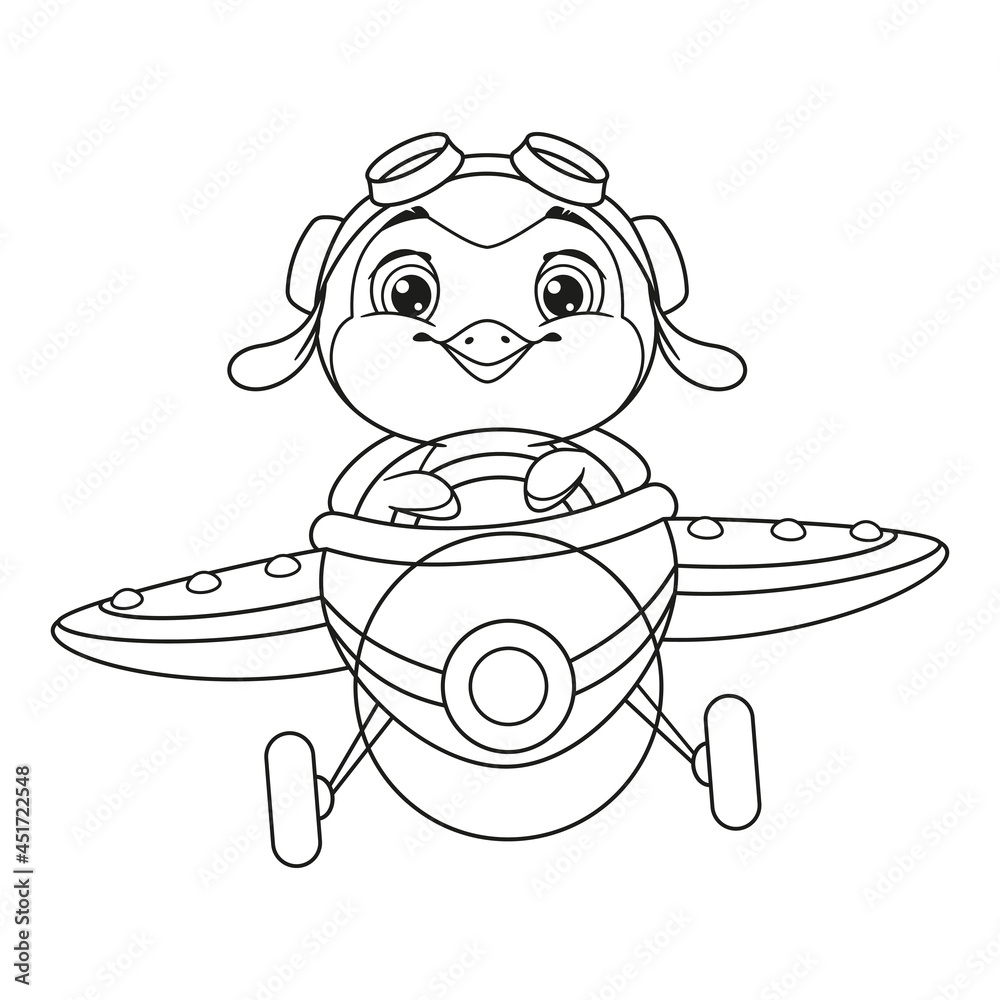 Penguin pilot flying on plane coloring page. Black and white cartoon ...