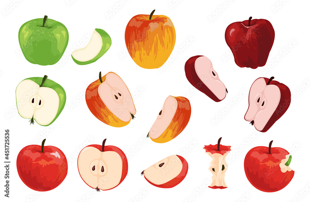 Apple. Cartoon half full and quarter of fruit with worm. Orchard ...