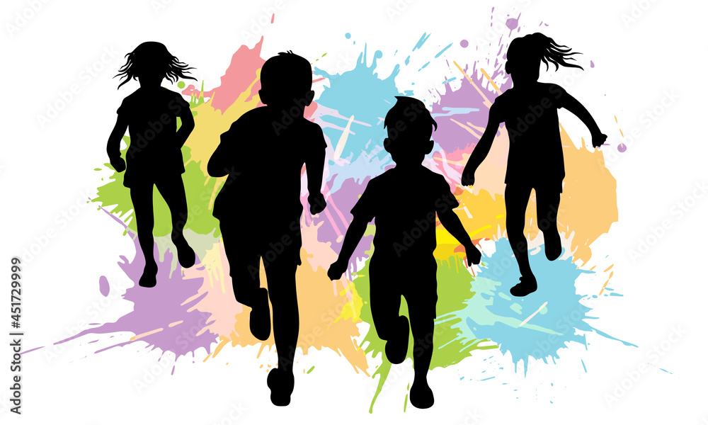 Silhouette of running children on background of color splash blot ...