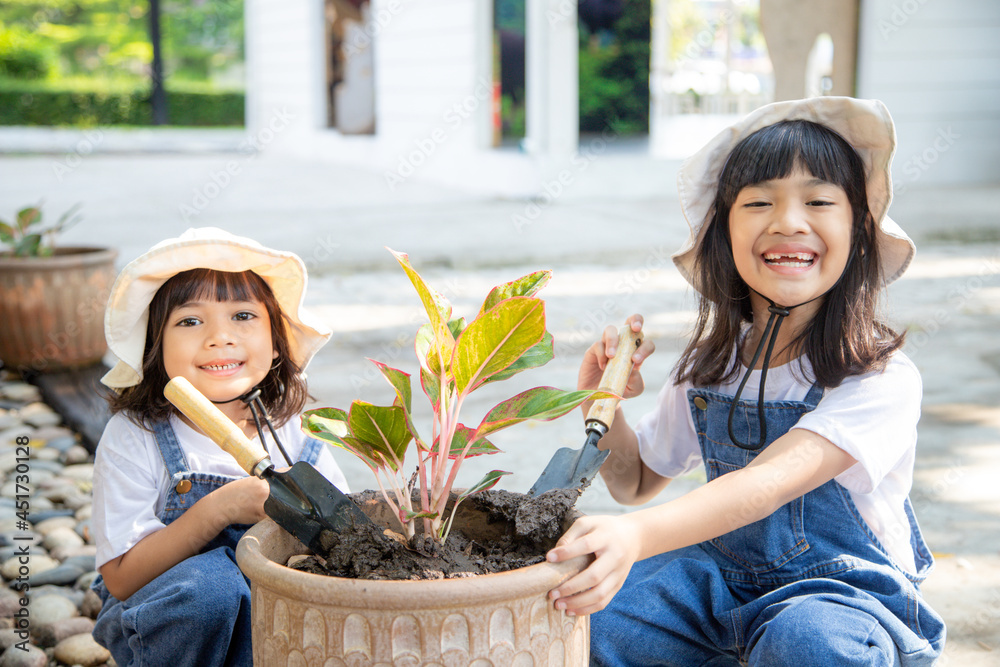 siblings Asian girl is planting spring flowers tree in pots in the ...
