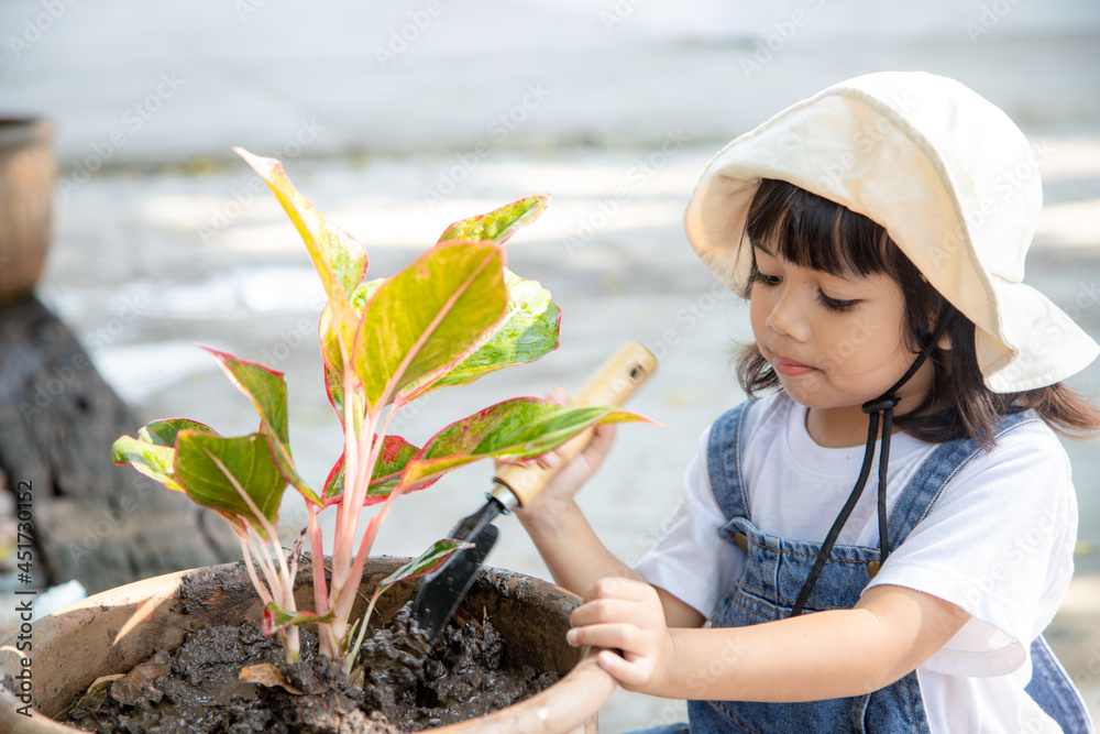 Cute Asian little girl planting the tree in the pot with happiness ...