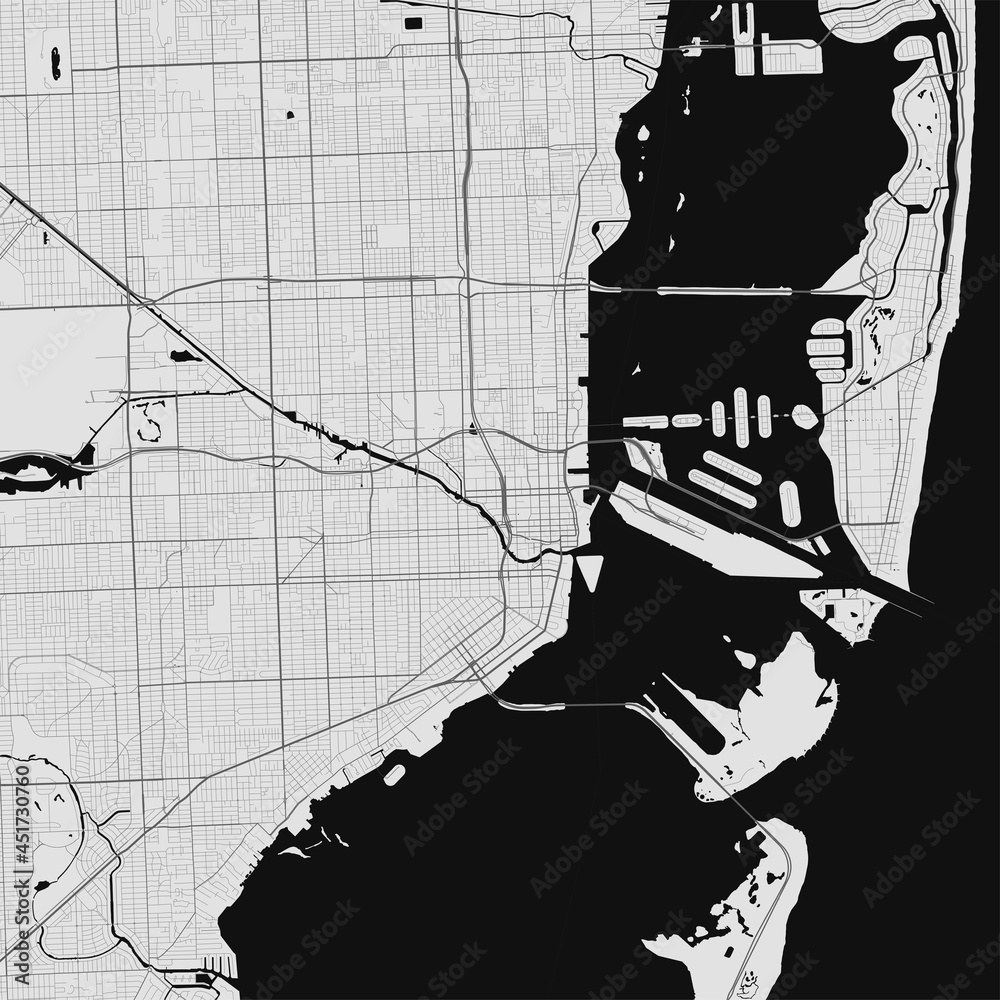 Urban city map of Miami. Vector poster. Grayscale street map. Stock ...