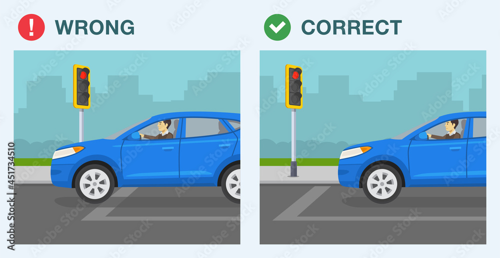 Driving a car. Stop line rule. Blue suv car stopped at red traffic ...