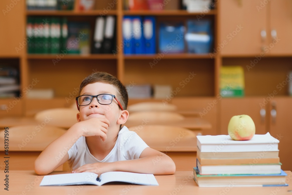 Concentrated schoolboy sitting at desk and writing in exercise book ...