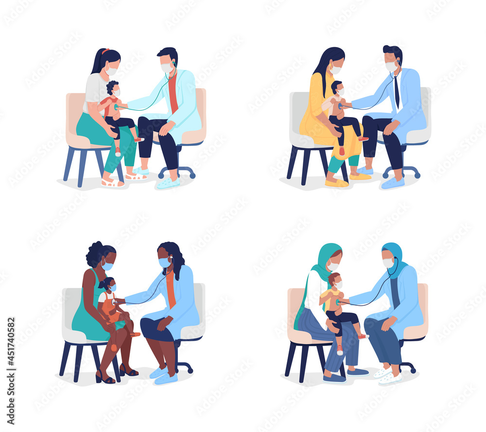 Pediatric examination semi flat color vector characters set. Full body ...