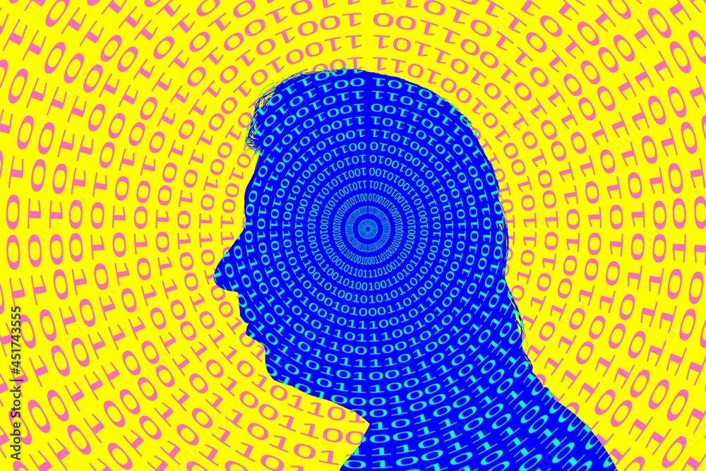 Binary code spiralling out of a man's head, illustration Stock ...