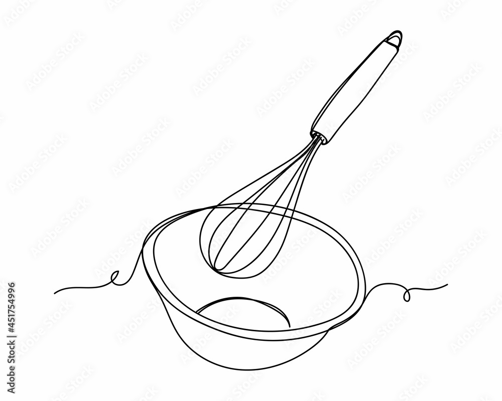 Continuous one line drawing of whisk and bowl icon in silhouette on a ...