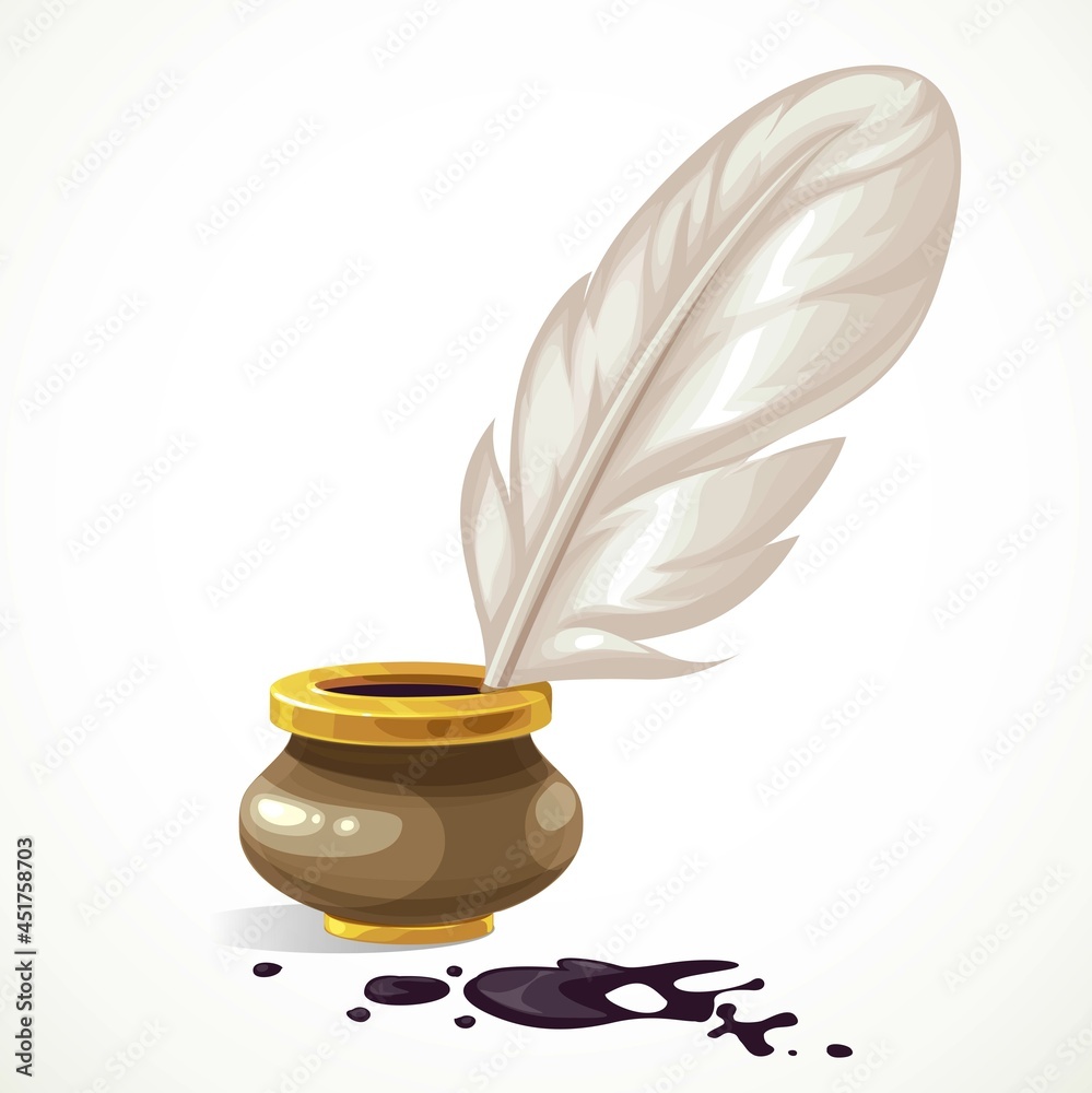 Bird pen for writing in inkwell isolated on white background Stock ...