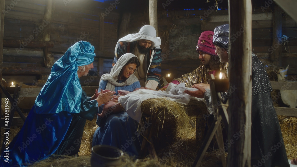 Wise Men visiting Jesus Christ after birth Stock Photo | Adobe Stock