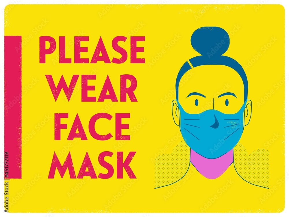 Please wear face mask poster with woman face, yellow, landscape 3x4 ...