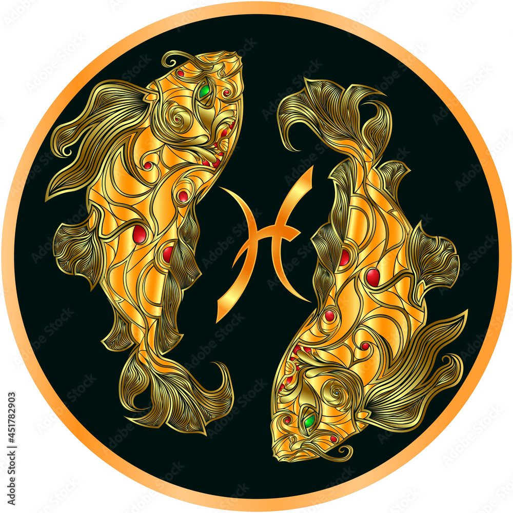 Round gold shield with Pisces image with golden zodiac sign and symbol ...